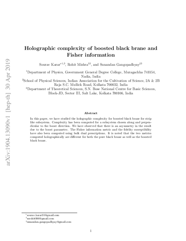 (PDF) Holographic complexity of boosted black brane and Fisher information