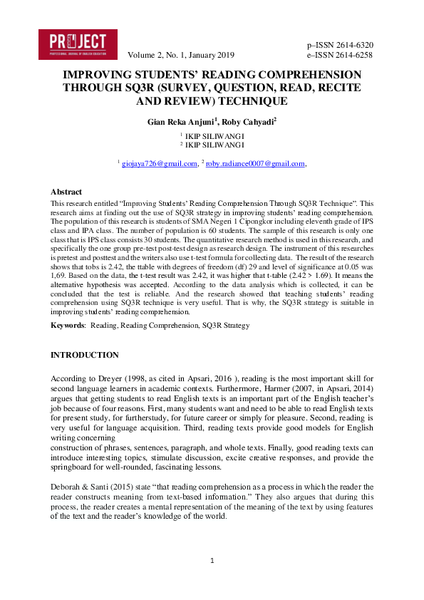 (PDF) Improving Students’ Reading Comprehension Through SQ3R (Survey, Question, Read, Recite and ...