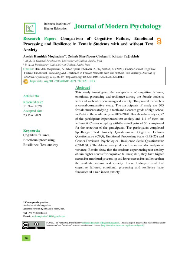 (PDF) Comparison of Cognitive Failure, Emotional Processing and ...