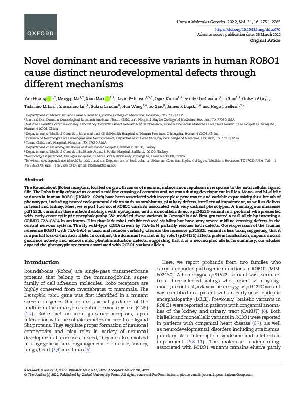 (PDF) Novel dominant and recessive variants in human ROBO1 cause distinct neurodevelopmental ...