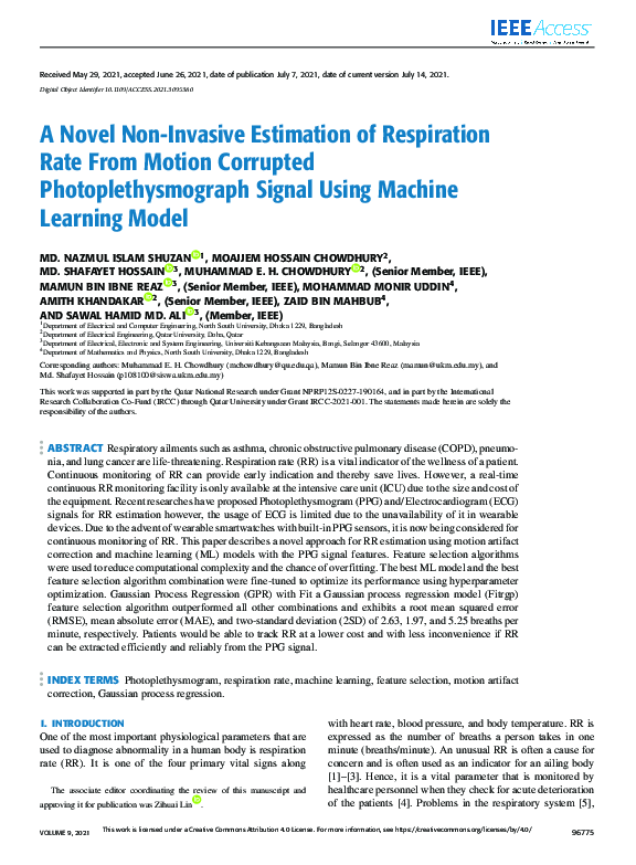 (PDF) Non-Invasive Respiration Rate Estimation Using PPG and ML