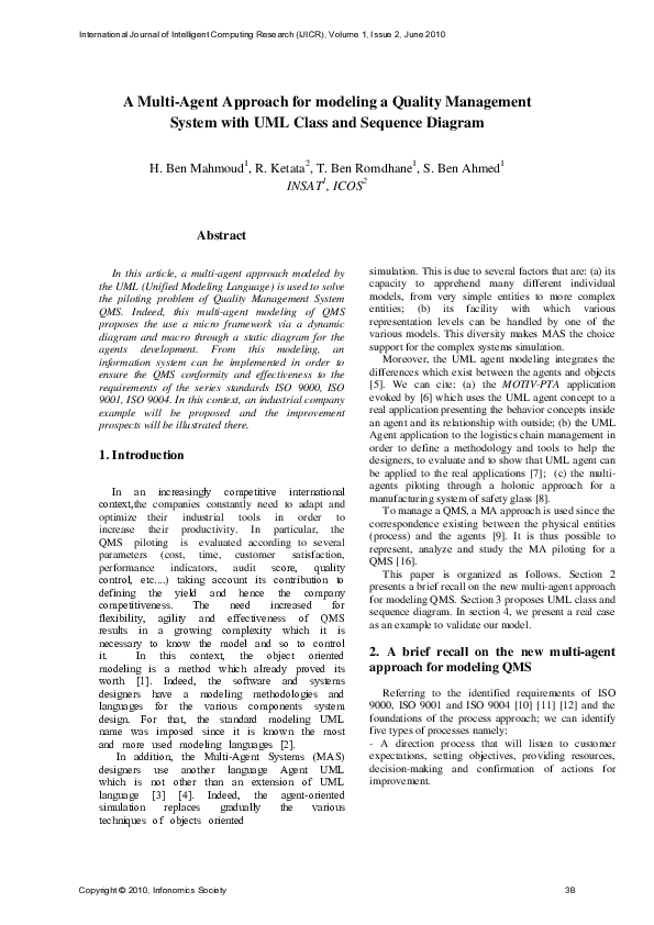 Pdf A Multi Agent Approach For Modeling A Quality Management System With Uml Class And