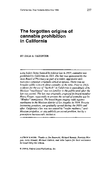 (PDF) The Forgotten Origins of Cannabis Prohibition in California ...