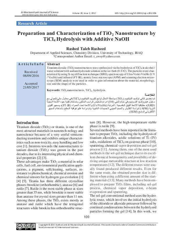 (PDF) Preparation and Characterization of TiO2 Nanostructure by TiCl4 Hydrolysis with Additive NaOH