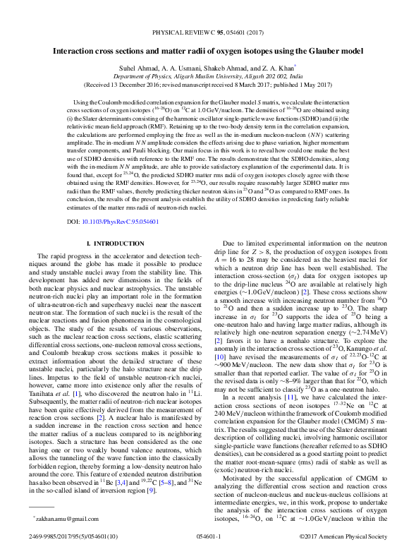 (PDF) Interaction cross sections and matter radii of oxygen isotopes using the Glauber model ...