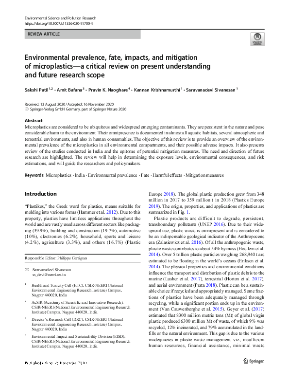 (PDF) Environmental prevalence, fate, impacts, and mitigation of microplastics—a critical review ...