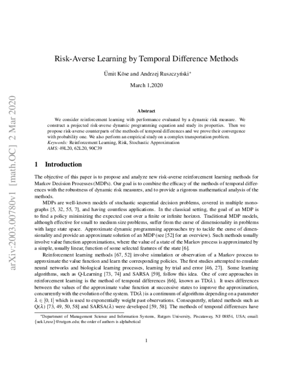 (PDF) Risk-Averse Learning by Temporal Difference Methods