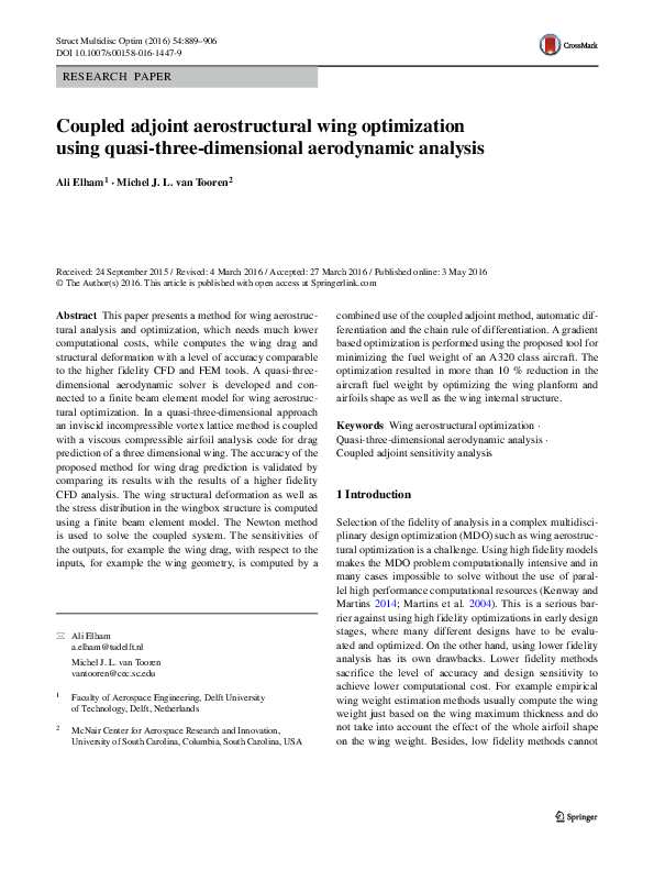 (PDF) Coupled Adjoint Aerostructural Wing Optimization Using Quasi-Three-Dimensional Aerodynamic ...