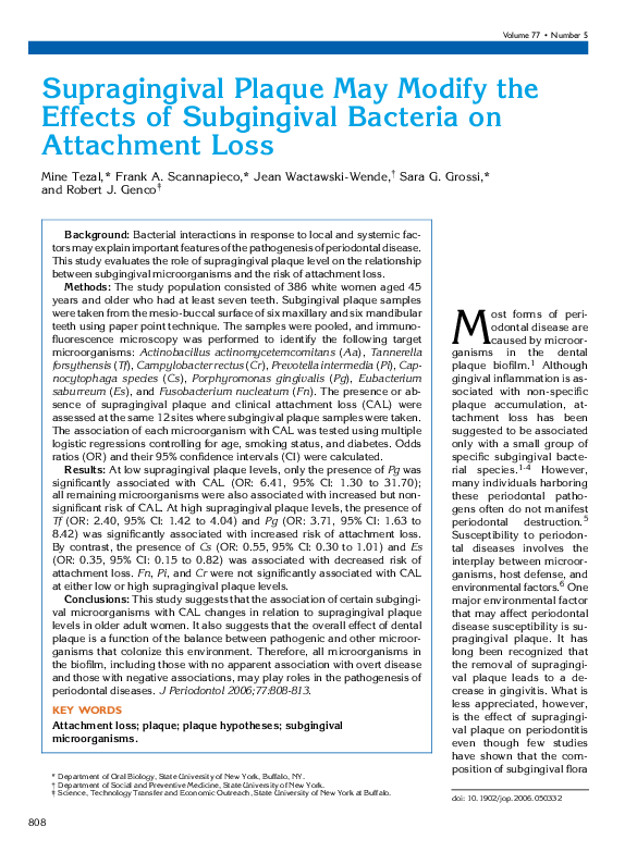 (PDF) Supragingival Plaque May Modify the Effects of Subgingival Bacteria on Attachment Loss