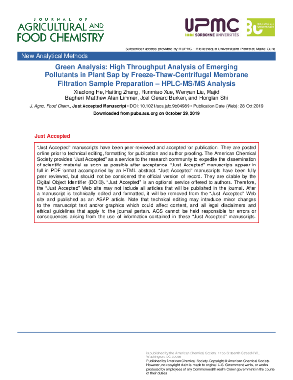 (PDF) Green Analysis: High Throughput Analysis of Emerging Pollutants in Plant Sap by Freeze ...