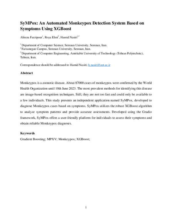 (PDF) SyMPox: An Automated Monkeypox Detection System Based on Symptoms Using XGBoost