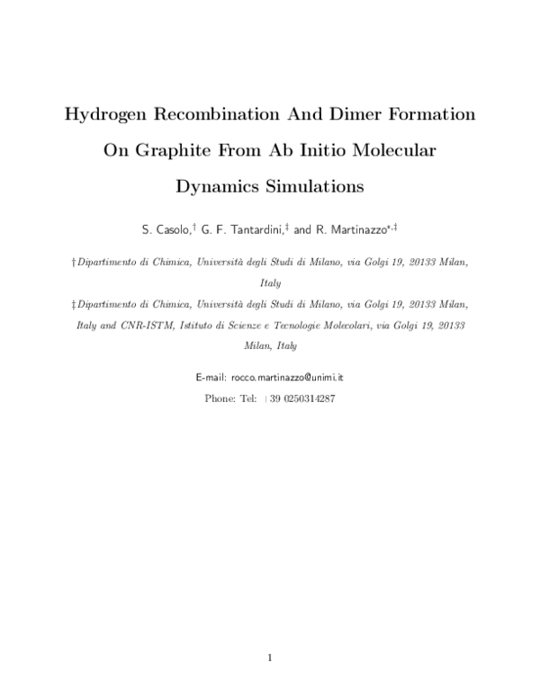 (PDF) Hydrogen Recombination and Dimer Formation on Graphite from Ab Initio Molecular Dynamics ...