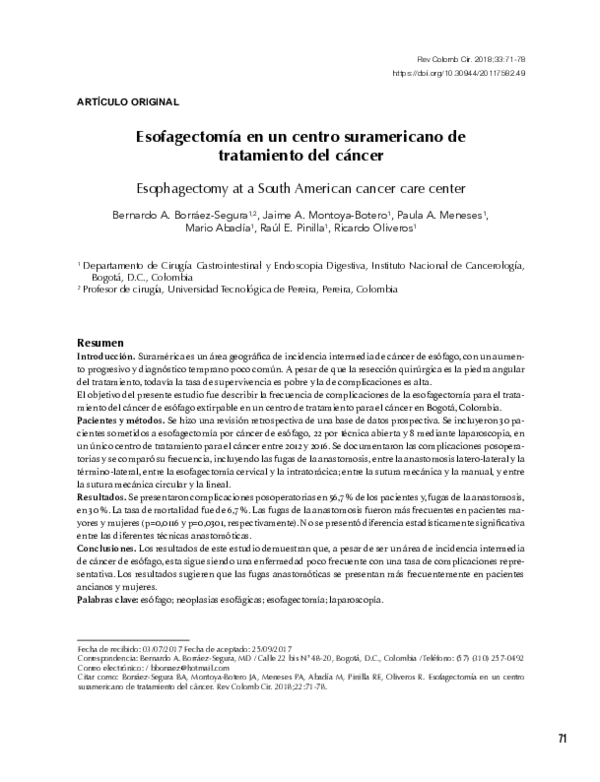 (PDF) Esofagectomía en un centro suramericano de tratamiento del cáncer