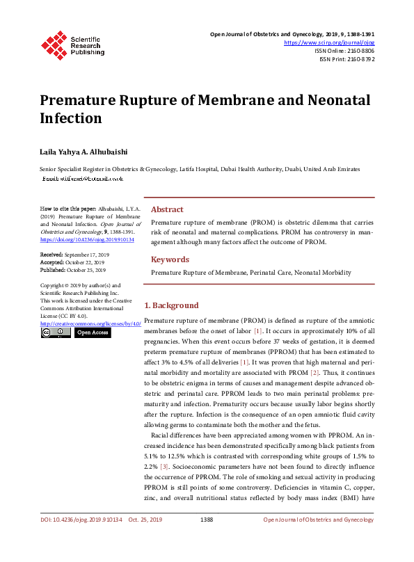 (PDF) Premature Rupture of Membrane and Neonatal Infection