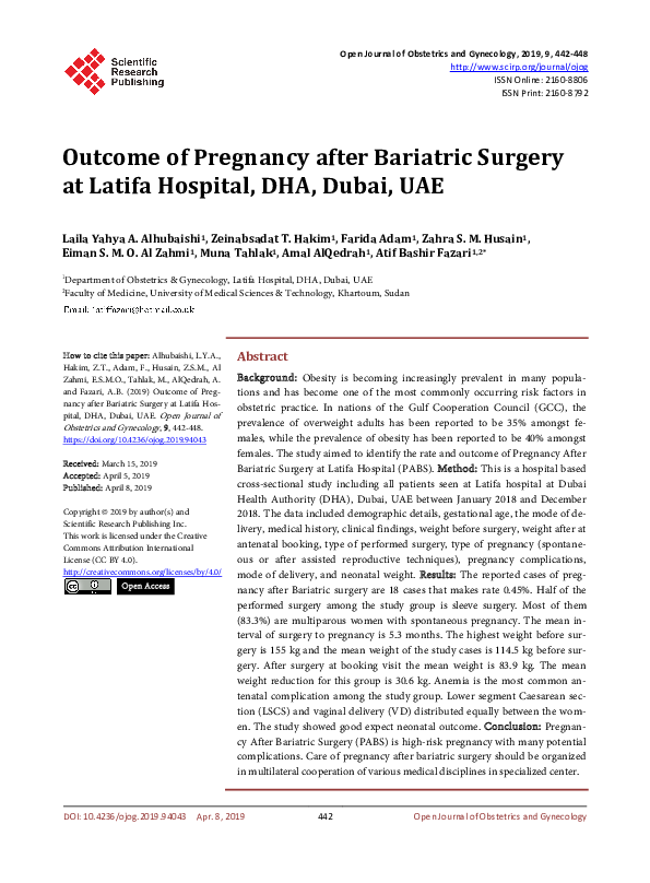 (PDF) Outcome of Pregnancy after Bariatric Surgery at Latifa Hospital, DHA, Dubai, UAE
