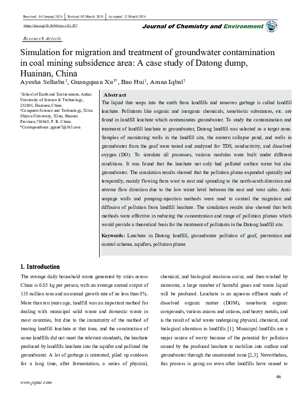 (PDF) Simulation for migration and treatment of groundwater contamination in coal mining ...