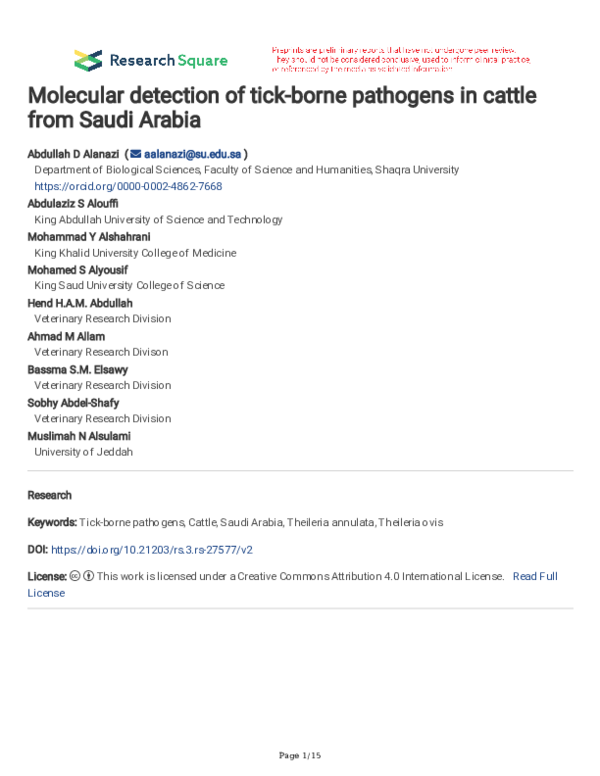 (PDF) Molecular detection of tick-borne pathogens in cattle from Saudi ...