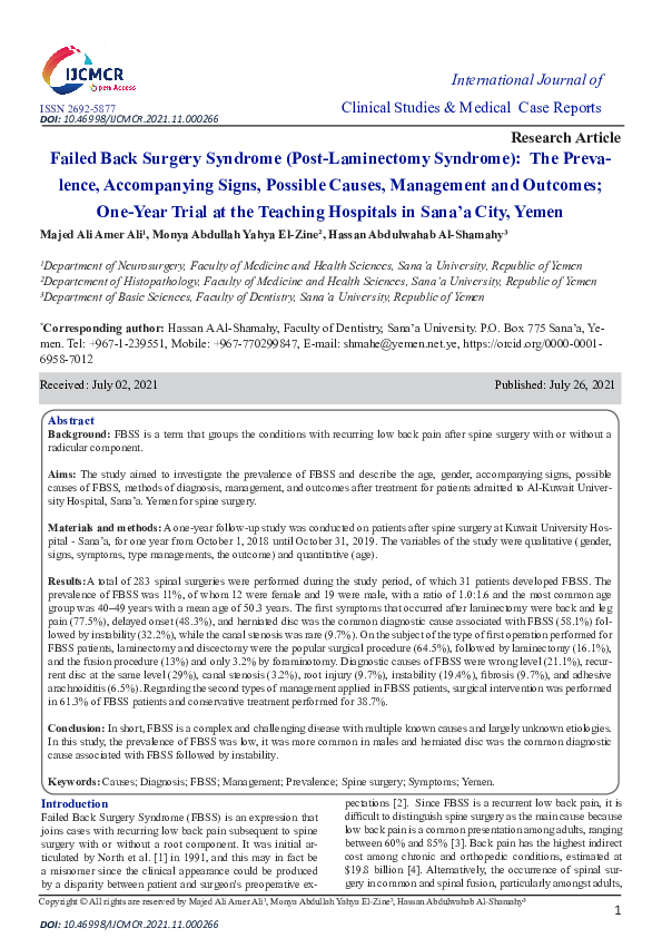 (PDF) Failed Back Surgery Syndrome (Post-Laminectomy Syndrome): The ...