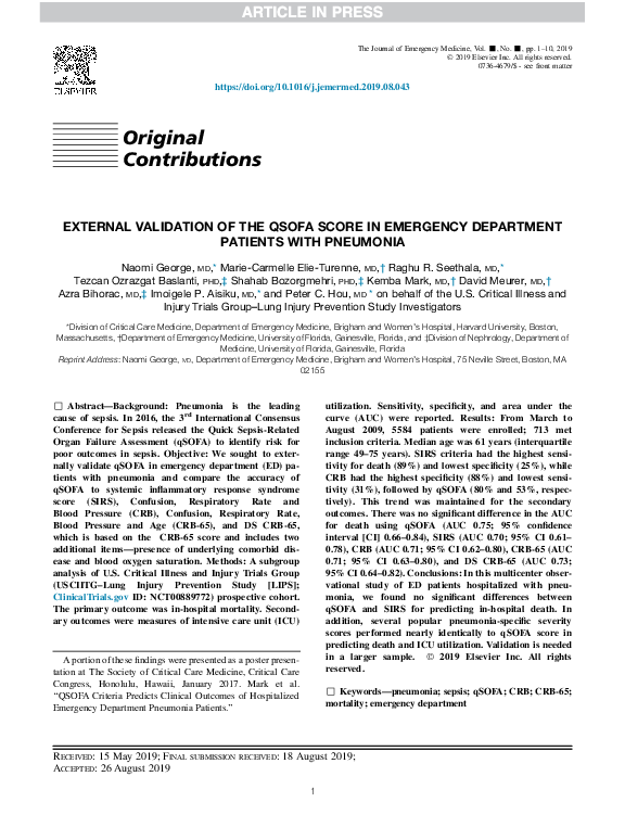 (PDF) External Validation of the qSOFA Score in Emergency Department ...