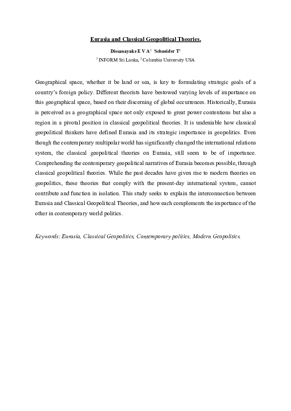 (PDF) Eurasia and Classical Geopolitical Theories