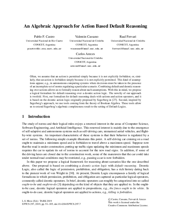 (PDF) An Algebraic Approach for Action Based Default Reasoning
