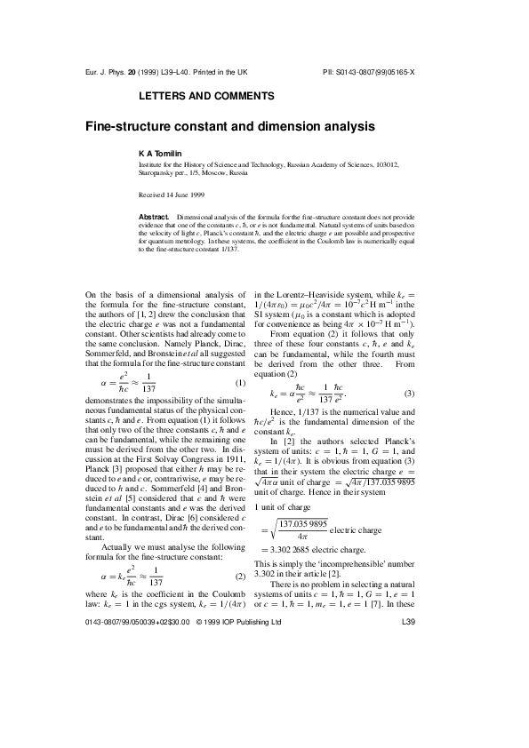 Pdf Fine Structure Constant And Dimension Analysis