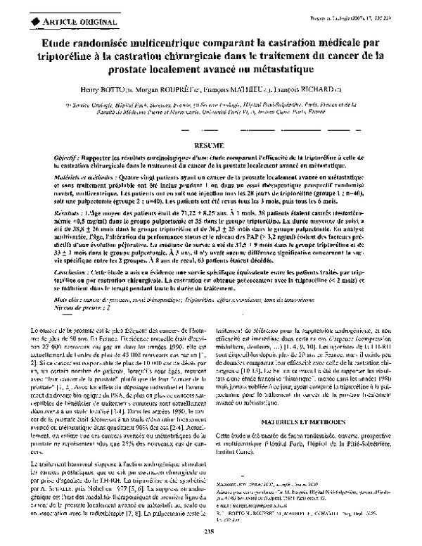 (PDF) Etude randomisée multicentrique comparant la castration médicale ...