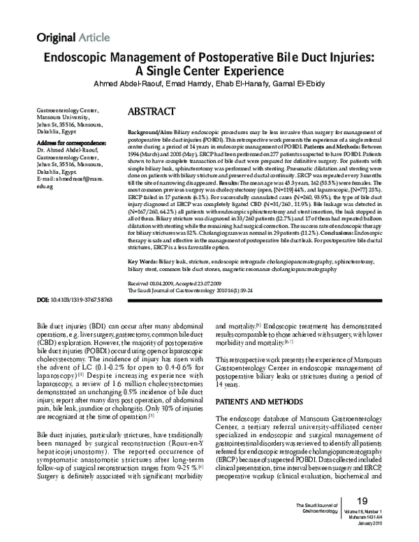 (PDF) Endoscopic management of postoperative bile duct injuries: A single center experience ...