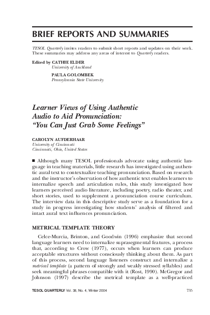 (PDF) Learner Views of Using Authentic Audio to Aid Pronunciation: "You ...