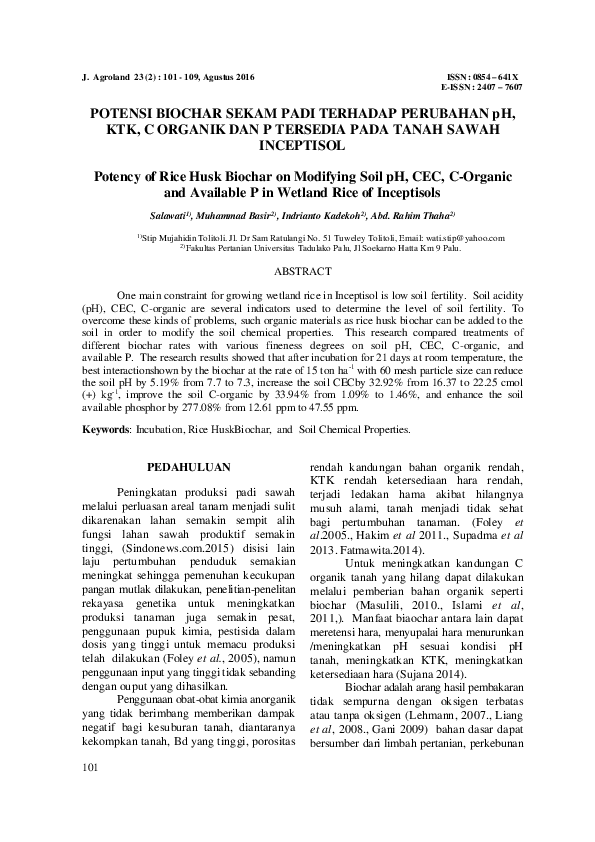(PDF) Potensi Biochar Sekam Padi Terhadap Perubahan PH, KTK, C Organik Dan P Tersedia Pada Tanah ...