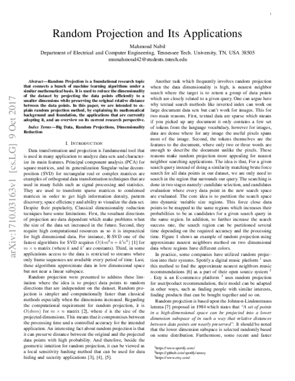(PDF) Random Projection and Its Applications