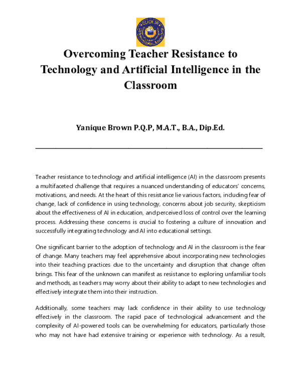 (PDF) Overcoming Teacher Resistance to Technology and Artificial ...
