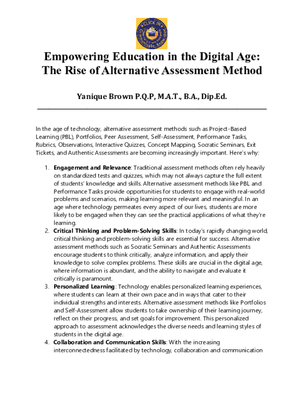 (PDF) Empowering Education in the Digital Age: The Rise of Alternative Assessment Method