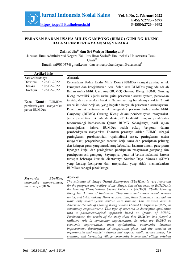 (PDF) Peranan Badan Usaha Milik Desa (Bumdes ) Dalam Pemberdayaan Masyarakat Gunong Kleng ...