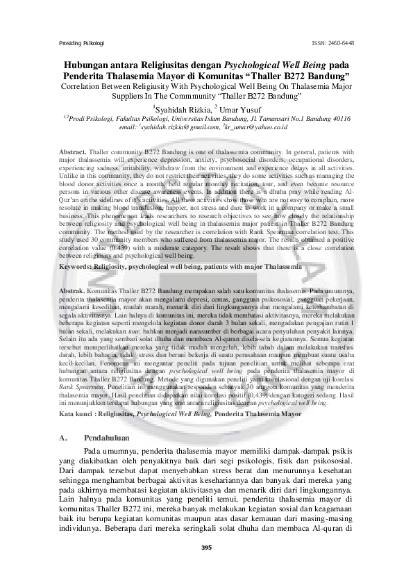 (PDF) Hubungan antara Religiusitas dengan Psychological Well Being pada Penderita Thalasemia ...