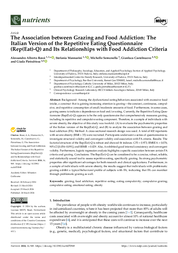 (PDF) The Association between Grazing and Food Addiction: The Italian ...