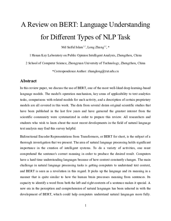 (DOC) A Review on BERT: Language Understanding for Different Types of ...