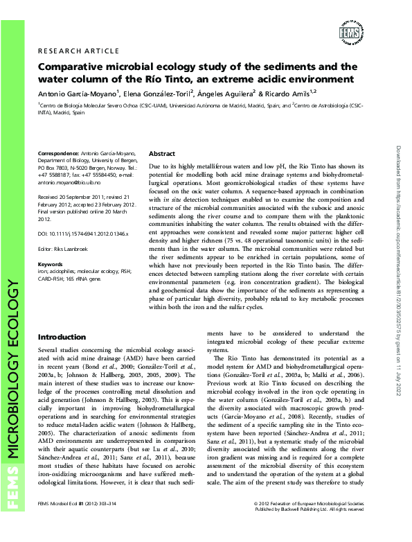 (PDF) Comparative microbial ecology study of the sediments and the water column of the Río Tinto ...