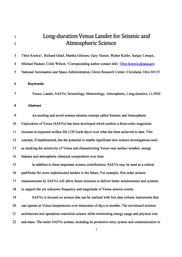 (PDF) Long-duration Venus lander for seismic and atmospheric science