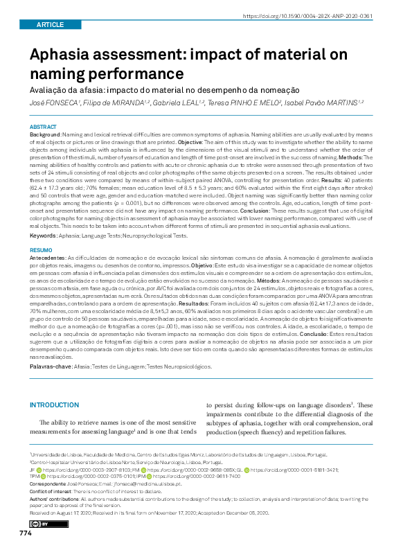 (PDF) Aphasia assessment: impact of material on naming performance