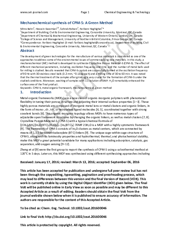 (PDF) Mechanochemical Synthesis of CPM-5: A Green Method