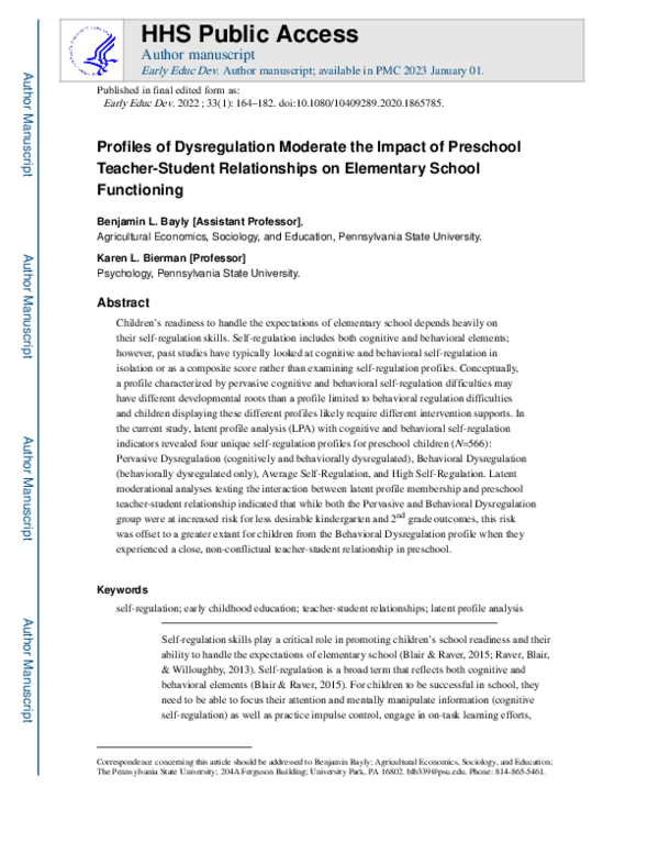 (PDF) Profiles of Dysregulation Moderate the Impact of PreschoolTeacher ...