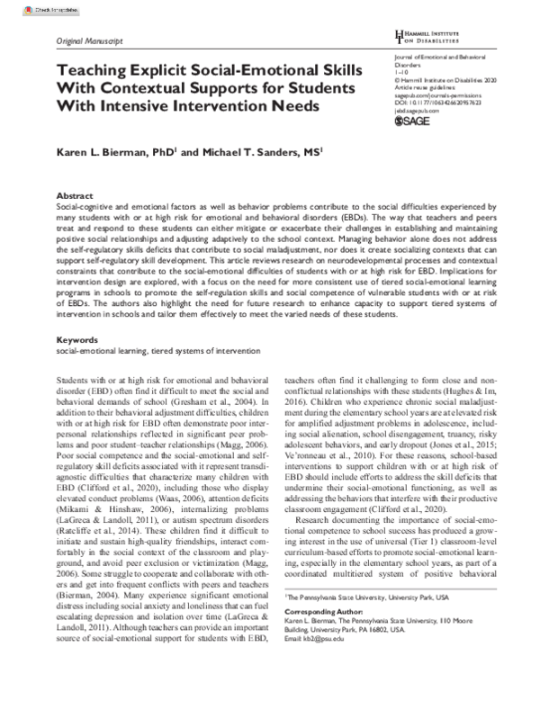 (PDF) Teaching Explicit Social-Emotional Skills With Contextual Supports for Students With ...