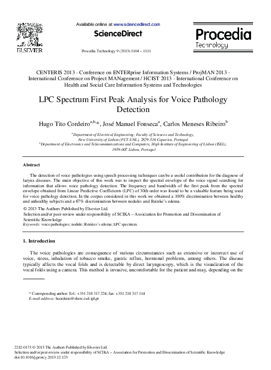 (PDF) LPC Spectrum First Peak Analysis for Voice Pathology Detection
