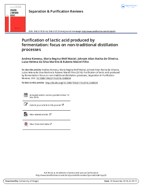 (PDF) Purification of Lactic Acid Produced by Fermentation: Focus on ...