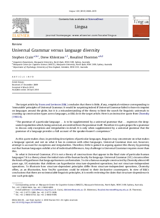(PDF) Universal Grammar versus language diversity