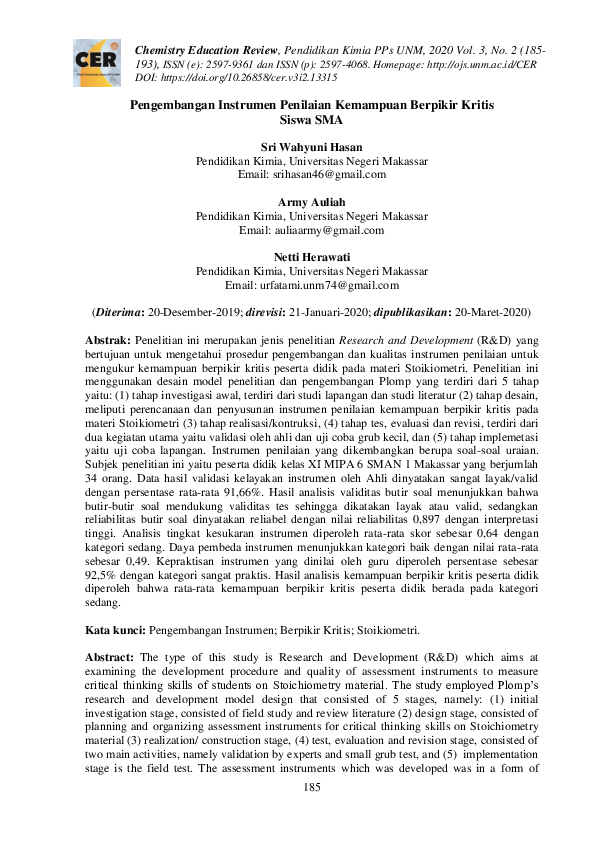 (PDF) Pengembangan Instrumen Penilaian Kemampuan Berpikir Kritis Siswa SMA