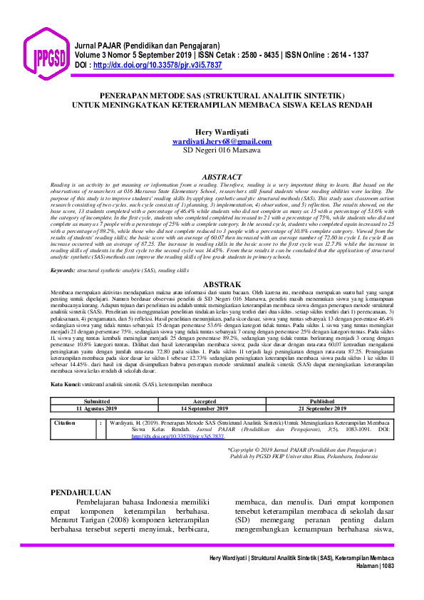 (PDF) Penerapan Metode Sas (Struktural Analitik Sintetik) Untuk Meningkatkan Keterampilan ...