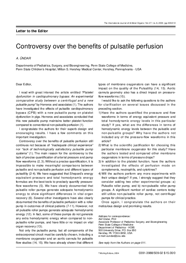 (PDF) Controversy over the Benefits of Pulsatile Perfusion
