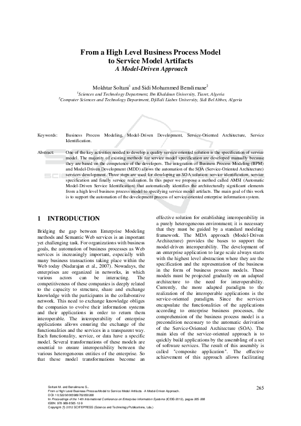(PDF) From a High Level Business Process Model to Service Model Artifacts - A Model-Driven Approach